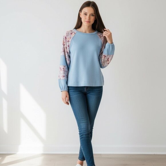 POL | Tops | Pol Blue Waffle Knit Balloon Floral Long Sleeve Womens Top ...